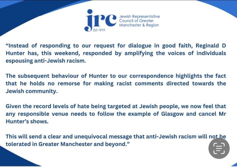 Statement Regarding Reginald D Hunter – Jewish Manchester