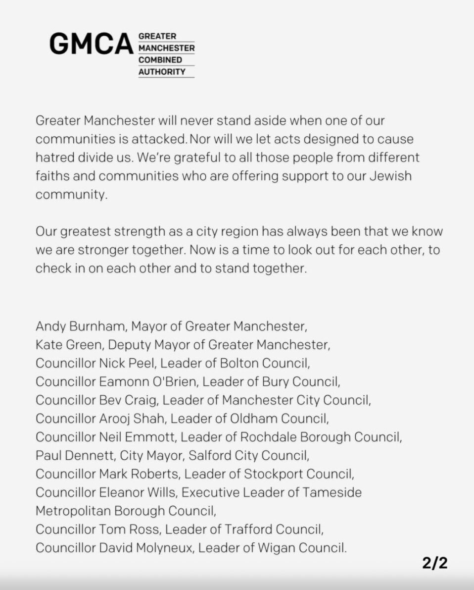GMCA Condemnation of the Terror Attack – Jewish Manchester