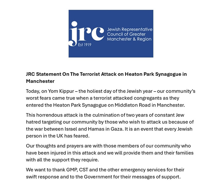JRC Statement on the Terrorist Attack on Heaton Park Synagogue in ...